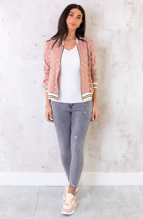 Bomber Jasje Metallic Feathers Oud Roze | fashionmusthaves.nl