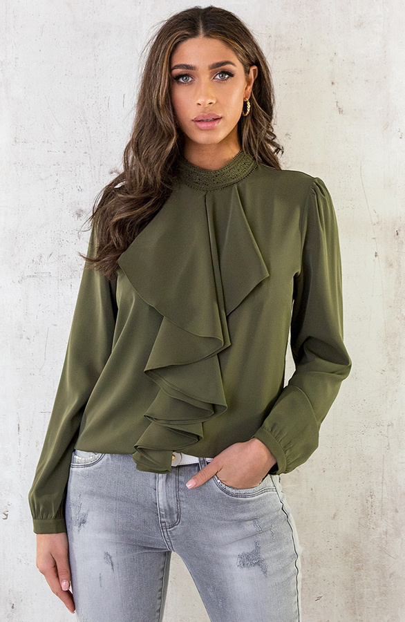 Silky Ruffle Kraag Blouse Army | fashionmusthaves.nl