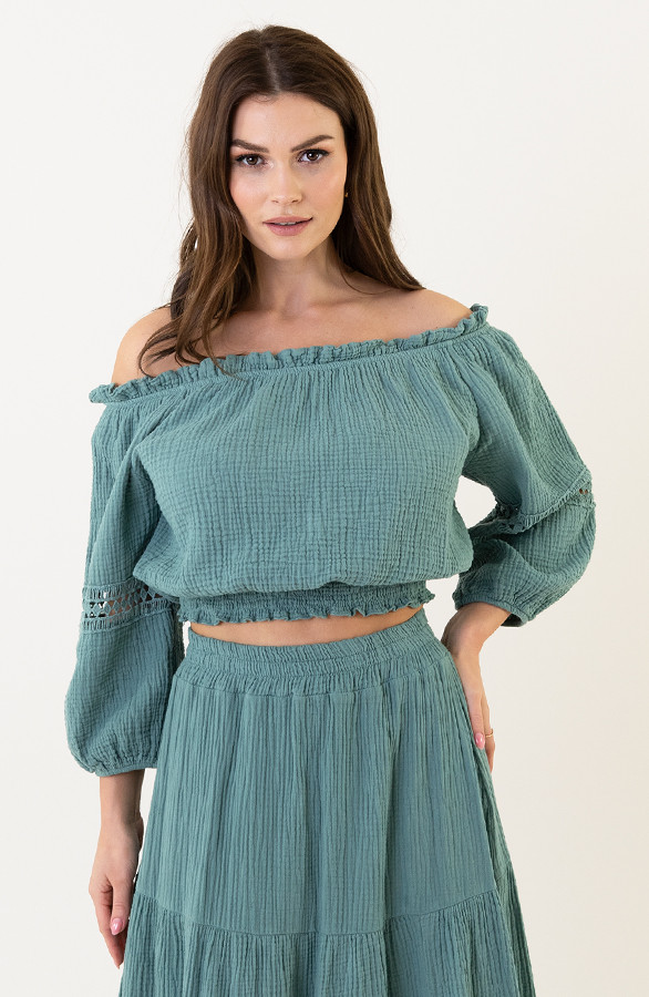 Mousseline Off Shoulder Boho Top Mint | Fashionmusthaves.nl