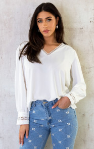 V-Hals Blouse Met Kanten Rug Ecru | Fashionmusthaves.nl