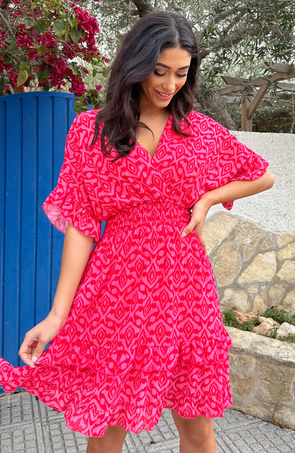 Ruffle Laagjes Jurk Print Roze Rood | Fashionmusthaves.nl