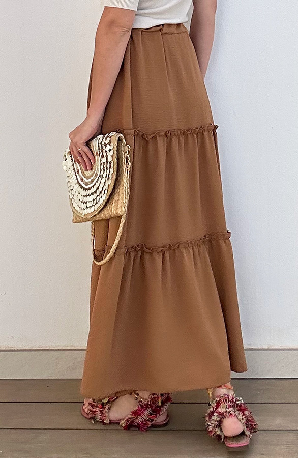 Maxi Rok Ruffle Camel | Fashionmusthaves.nl