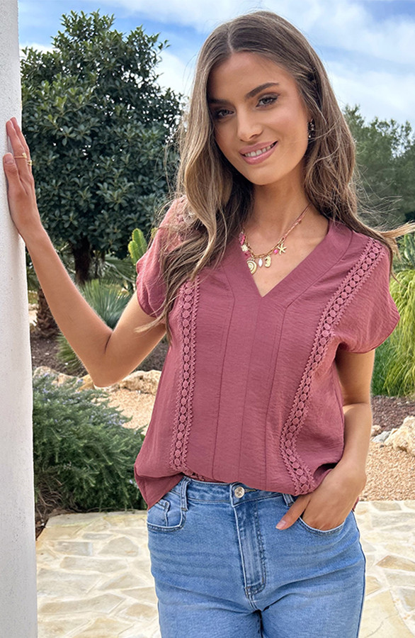 Romantic V-Hals Top Dust Roze | Fashionmusthaves.nl