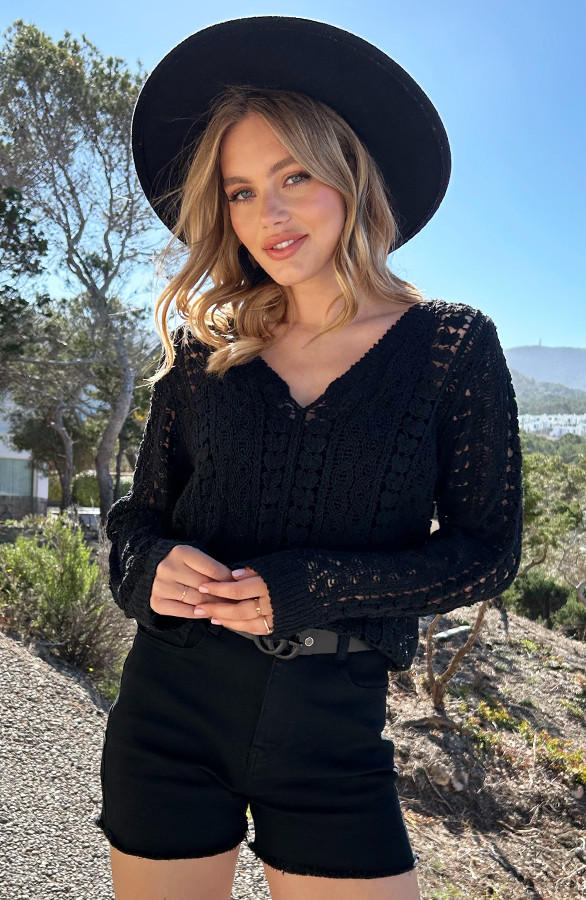 Crochet Top Lange Mouw Katoen Zwart | Fashionmusthaves.nl