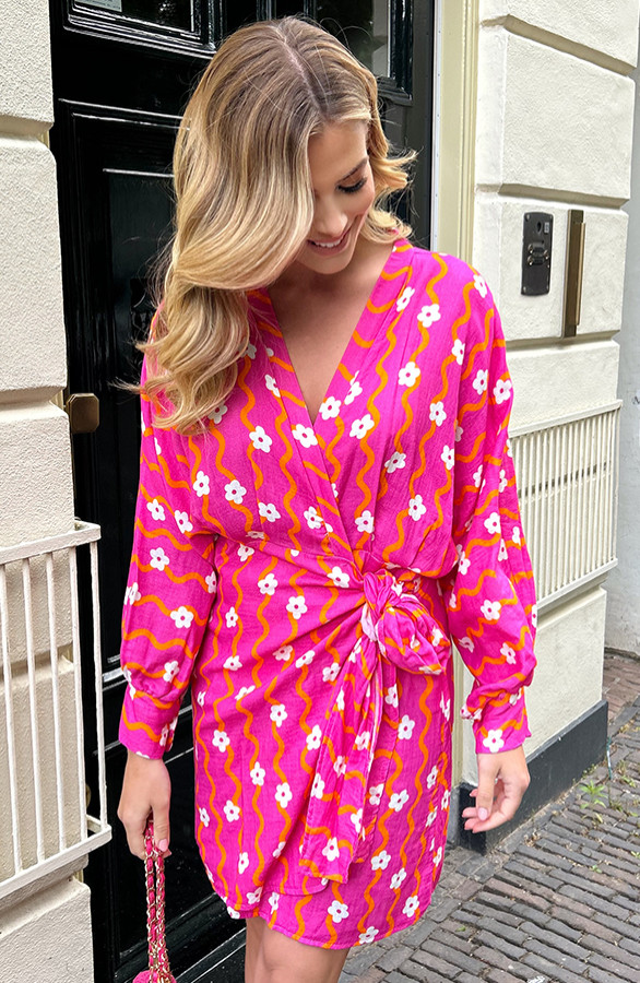 Cotton Wrap Jurk Flower Print Fuchsia | Fashionmusthaves.nl