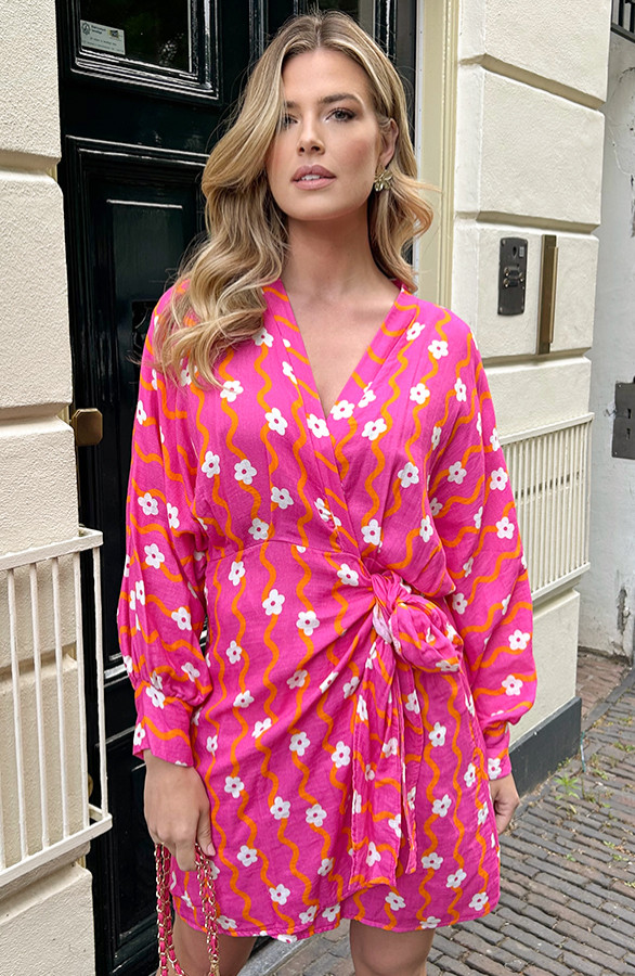 Cotton Wrap Jurk Flower Print Fuchsia | Fashionmusthaves.nl