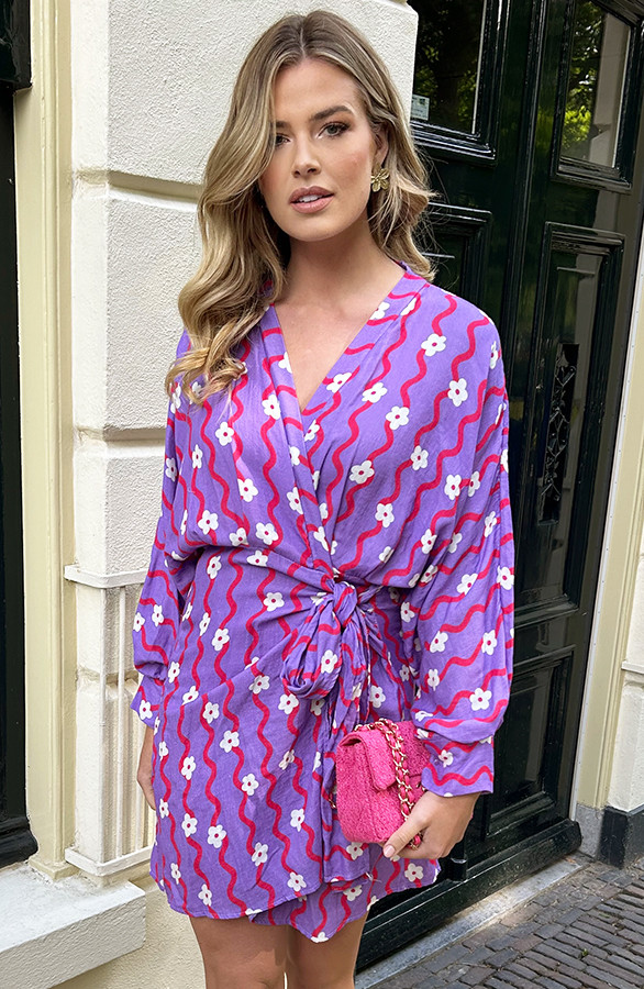 Cotton Wrap Jurk Flower Print Paars | Fashionmusthaves.nl