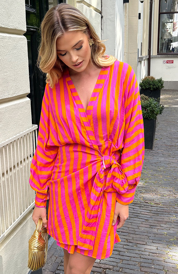 Cotton Wrap Jurk Stripe Oranje | Fashionmusthaves.nl