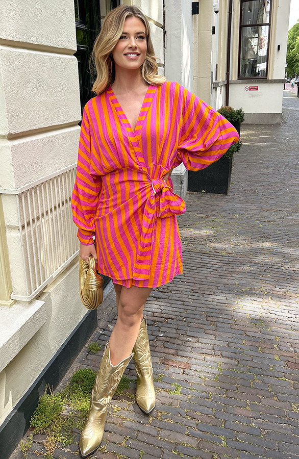 Cotton Wrap Jurk Stripe Oranje | Fashionmusthaves.nl